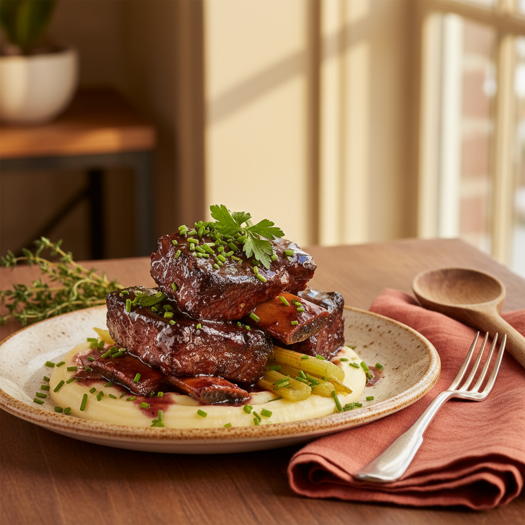 Daniel Boulud's Short Ribs Braised in Red Wine with Celery Duo | Joanie ...